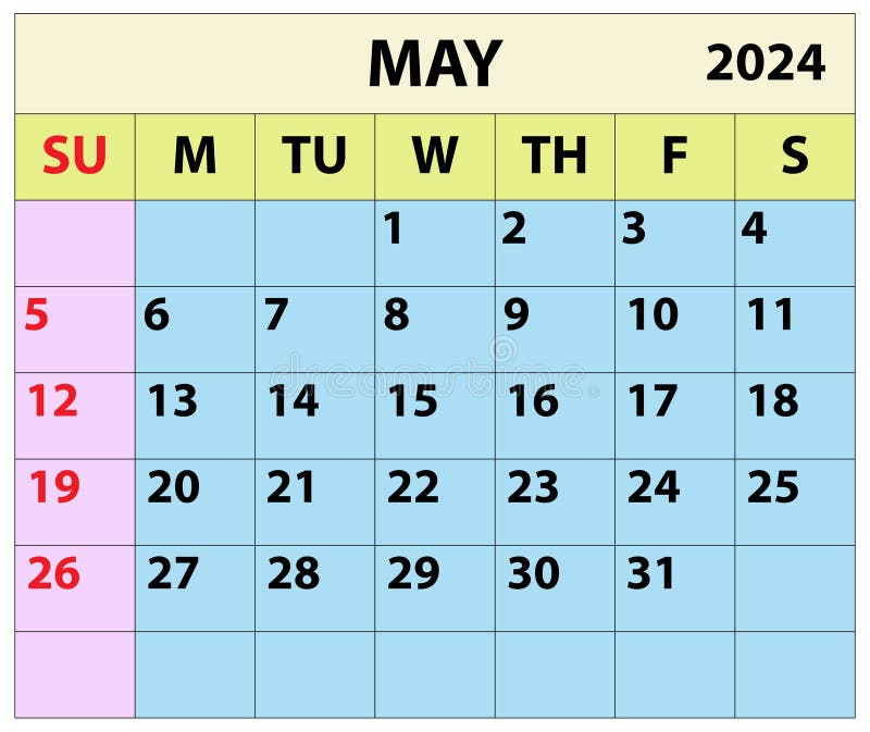 2024 May Month Calendar Color Vector Illustrator Calendar Design Stock ...