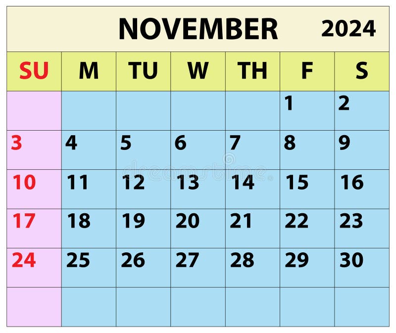 2024 November Month Calendar Color Vector Illustrator Calendar Design ...