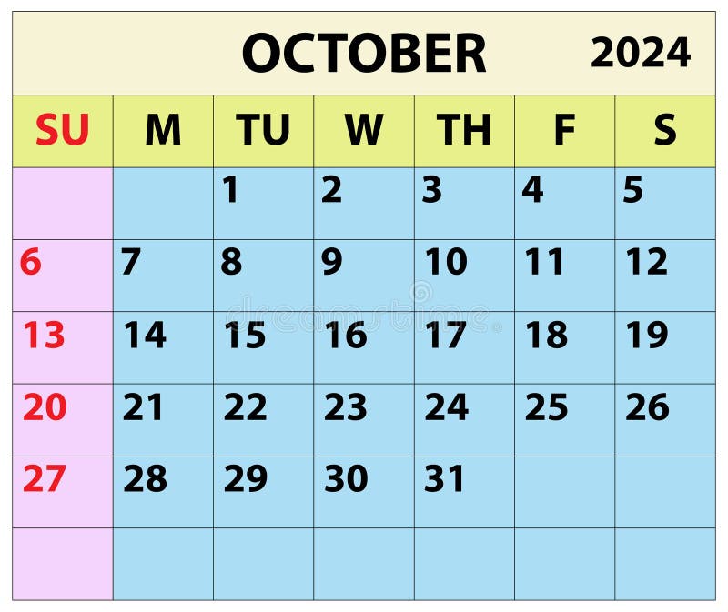 2024 October Month Calendar Color Vector Illustrator Calendar Design ...
