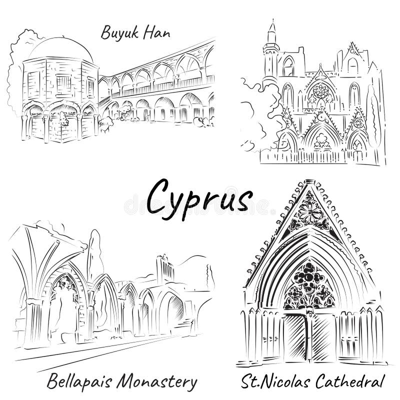 Collection Outline Drawing of Cyprus Landmarks. Stock Vector ...