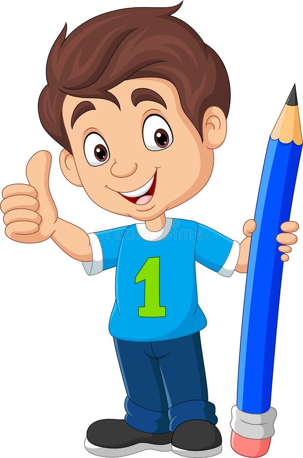 Cartoon Boy Holding a Big Pencil and Showing Thumb Up Stock Vector ...