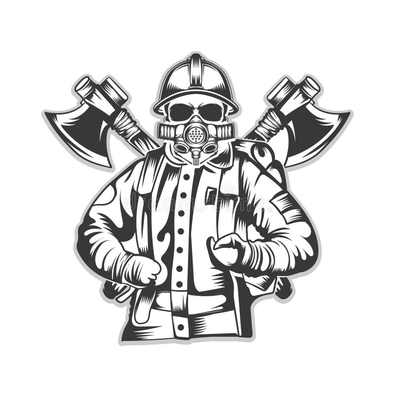 Firefighter Skull Musk Helmet Vector with Fire Extinguisher Background ...