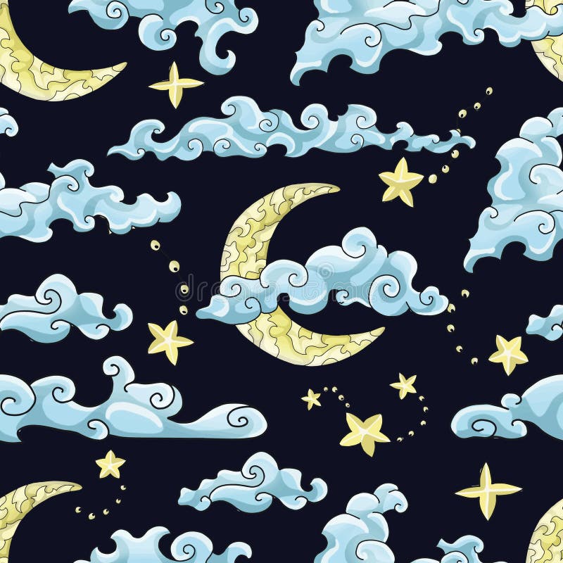 Seamless Pattern With Fantasy Elements Of Moon Clouds And Stars Stock