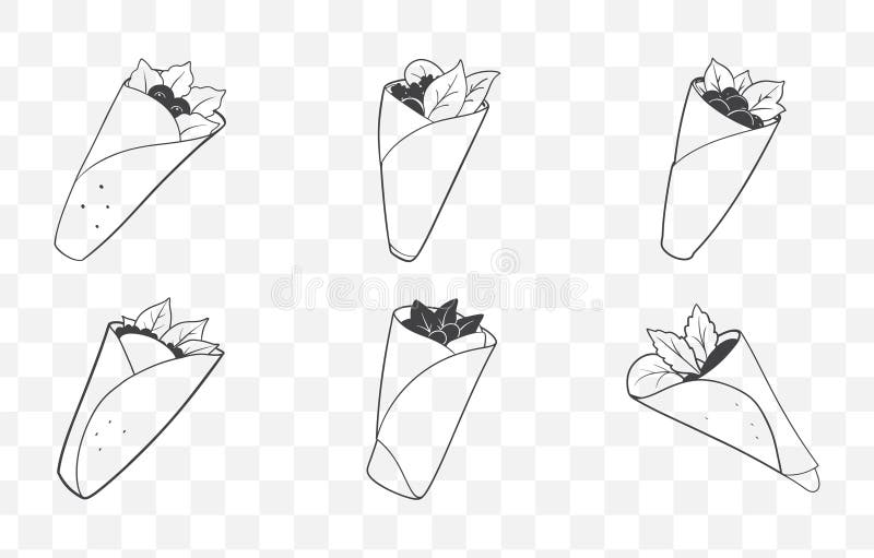 Print Veggie Burrito Line Art Vector Set Featuring Delicious and Fresh ...