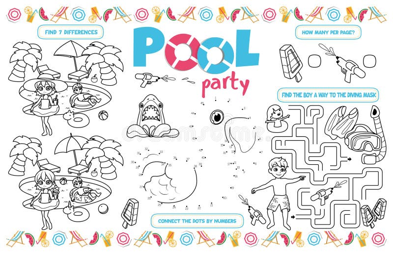 Printable Activity Sheet "Pool Party" with a Labyrinth, Connect the ...