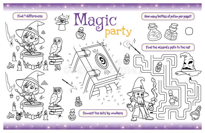 Printable Activity Sheet "Magic Party" with a Labyrinth, Connect the ...
