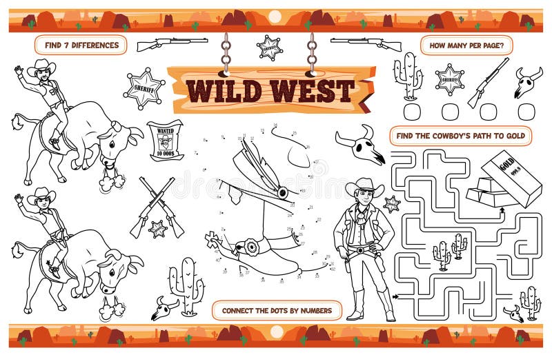 Printable Activity Sheet "Wild West" with a Labyrinth, Connect the Dots ...