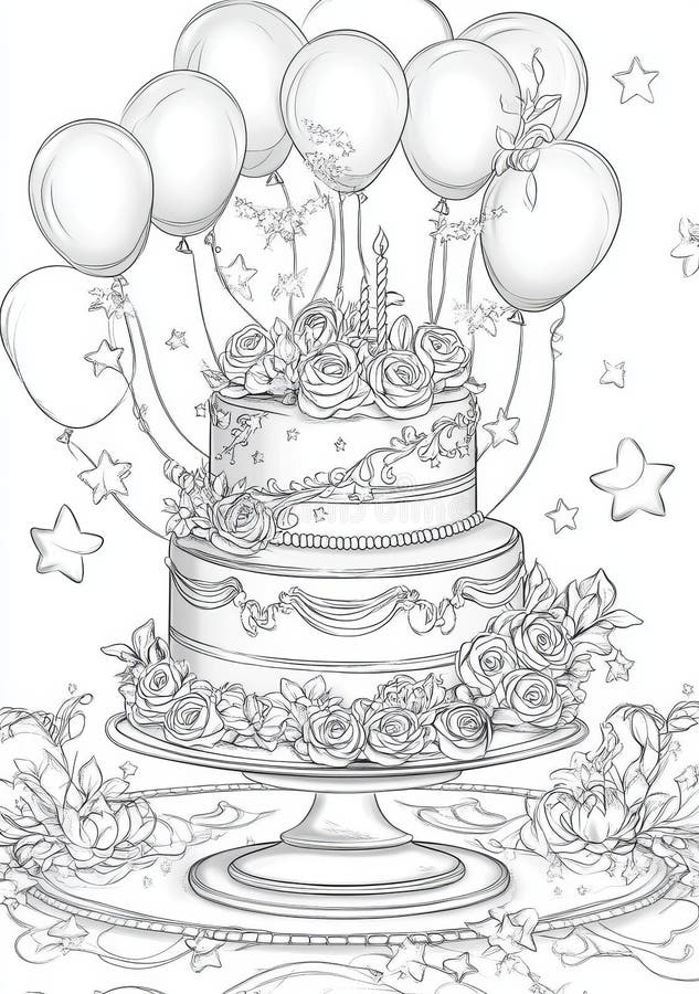 A Printable A4 Coloring Sheet with a Birthday Cake and Balloons Stock ...