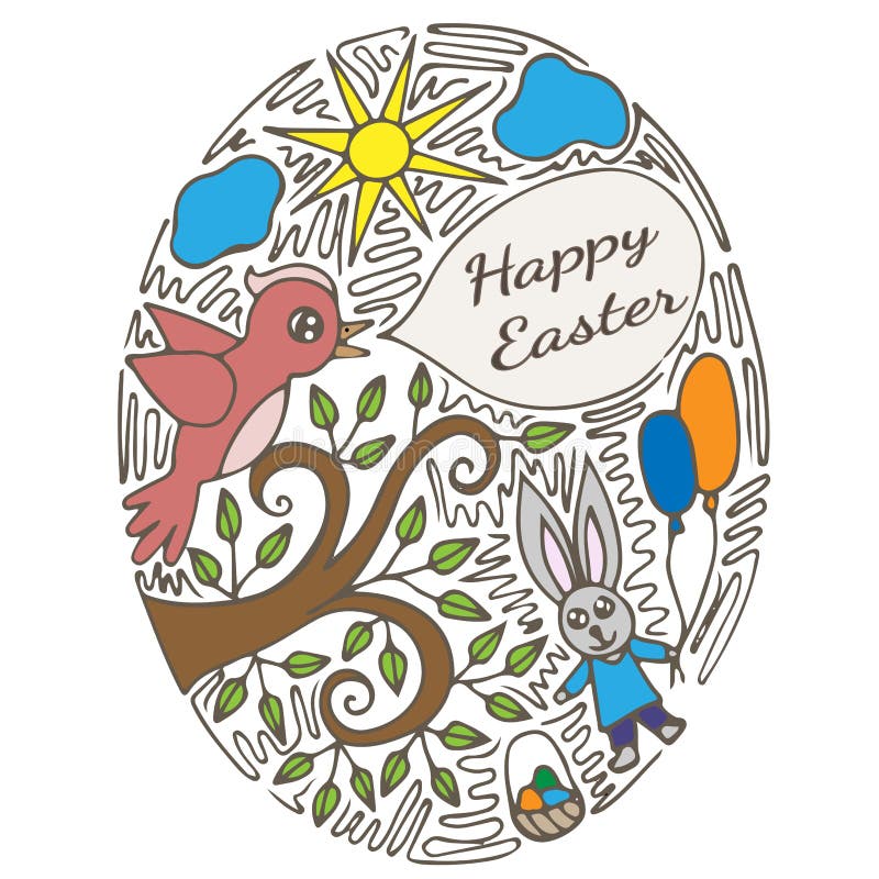 Printable Easter Card with Bird and Rabbit in Ornate Frame Stock Vector ...