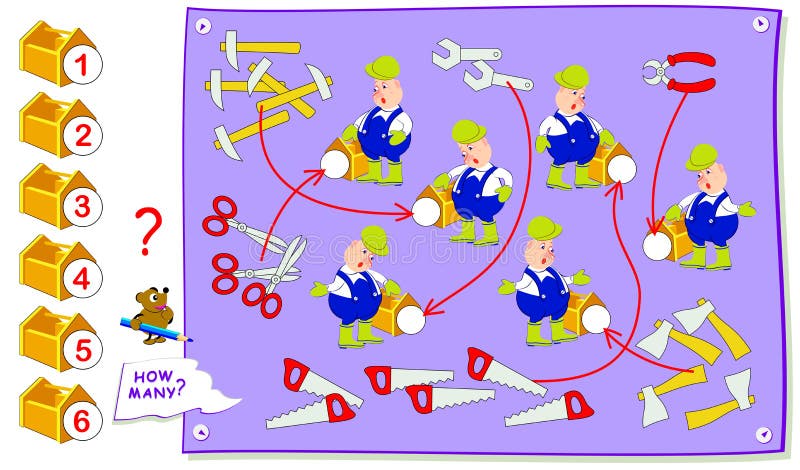Printable Educational Page for Kids. How Many Tools Each Worker Have in ...