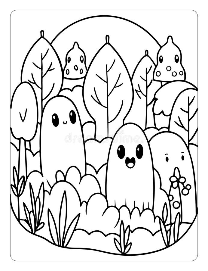 Printable Ghostly Forest Halloween Coloring Pages for Kids Stock Vector ...
