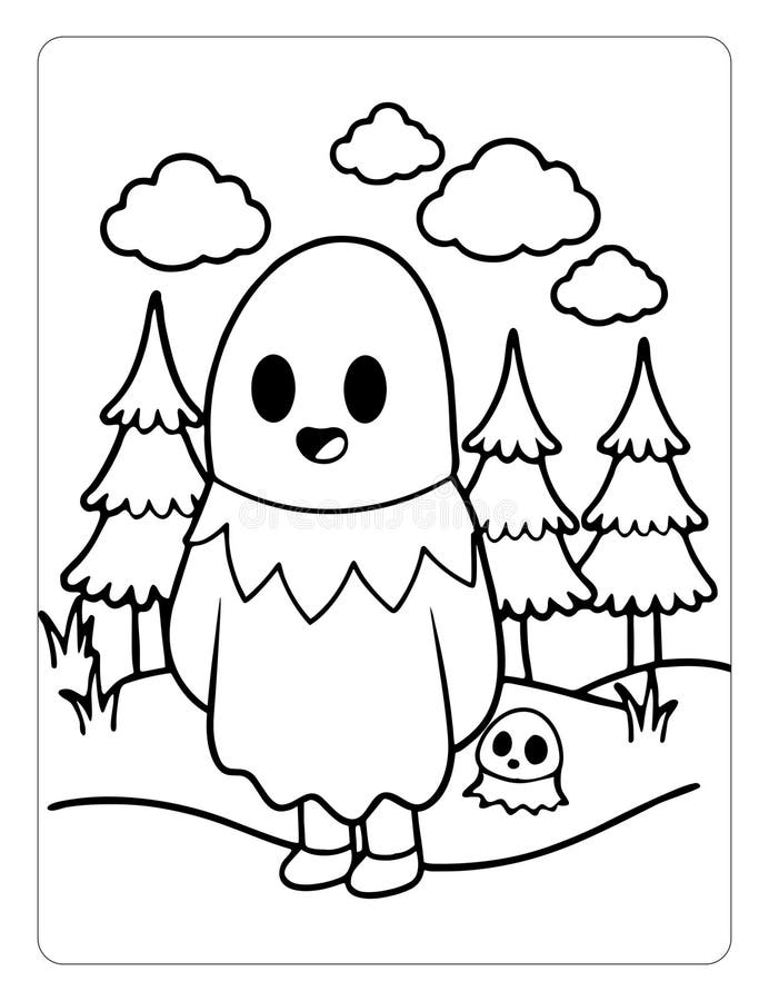 Printable Ghostly Forest Halloween Coloring Pages for Kids Stock Vector ...