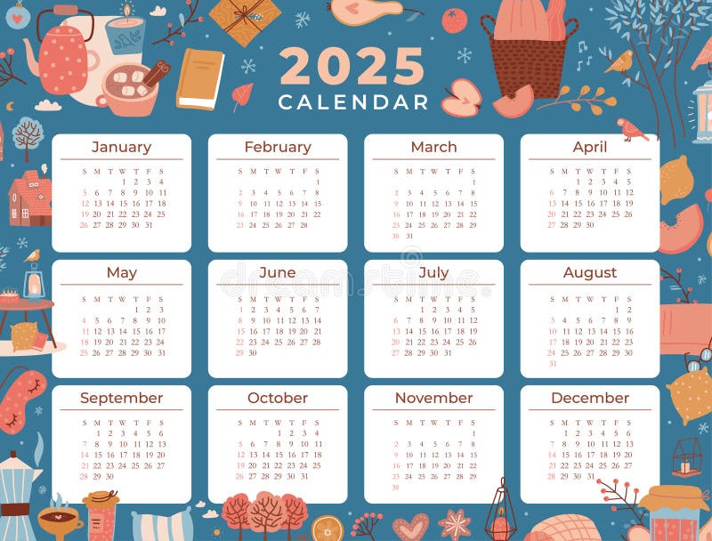 Printable Hand Drawn One Sheet Calendar for 2025 Year. Calendar Grid ...