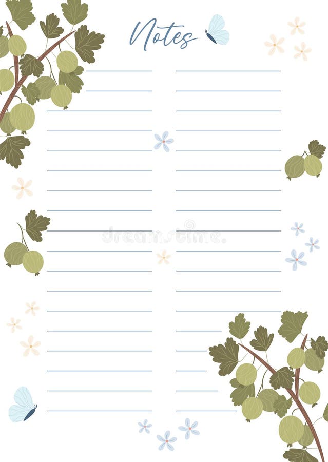 Printable Notes Concept with Green Gooseberry Plant Illustration Stock ...