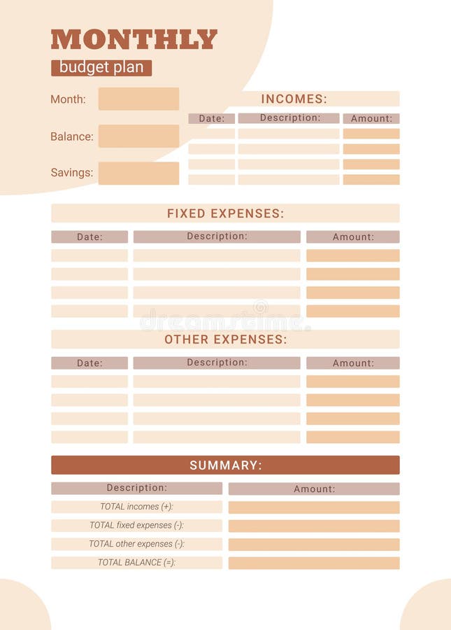 Printable Personal Monthly Budget Planner, Vector Illustration. Stock ...
