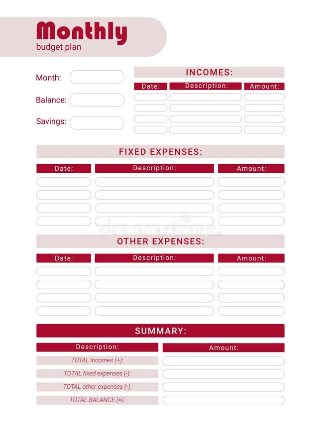 Printable Personal Monthly Budget Planner, Vector Illustration. Stock ...