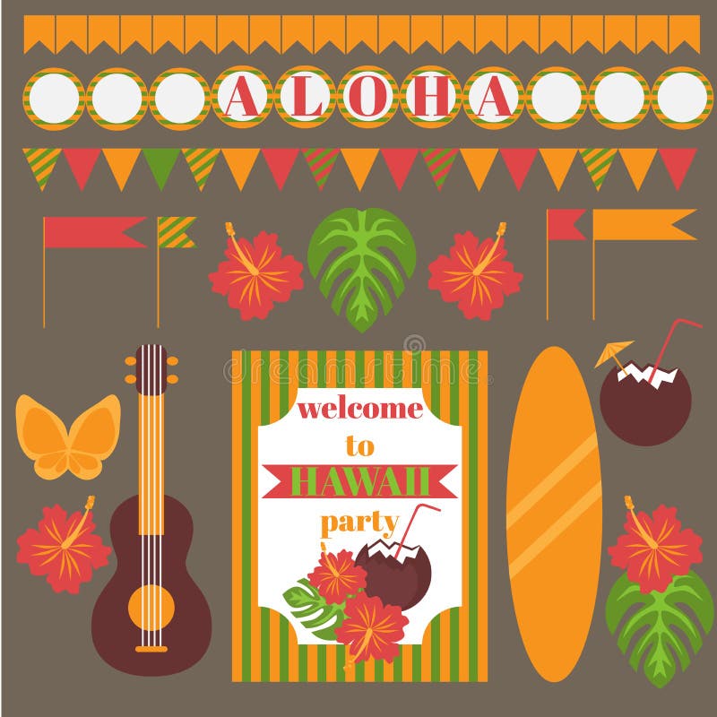 Printable Set of Hawaii Party Elements. Templates, Labels, Icons, Flags ...
