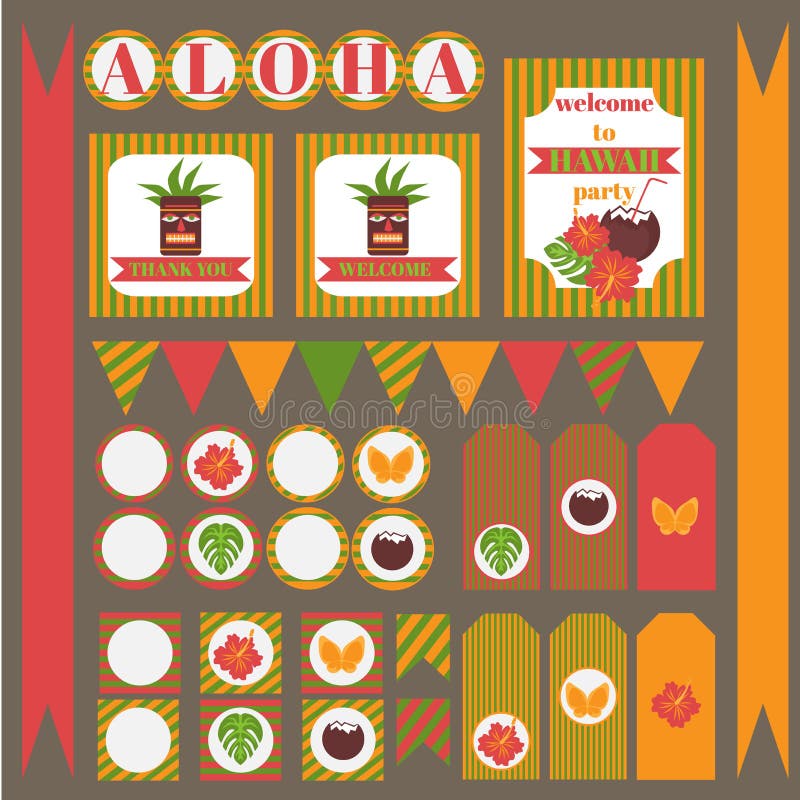 Printable Set of Hawaii Party Elements. Templates, Labels, Icons, Flags ...