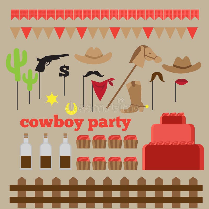 Printable Set of Vintage Cowboy Party Elements Stock Illustration ...