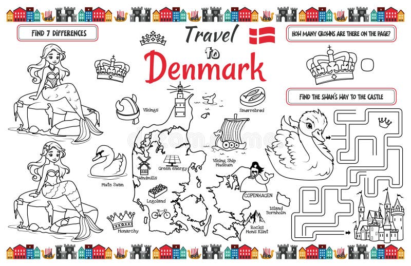 Printable “Travel To Denmark” Activity Sheet with a Labyrinth and Find ...