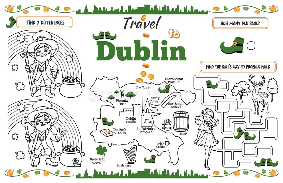 Printable Travel To Dublin Activity Sheet with a Labyrinth and Find the ...