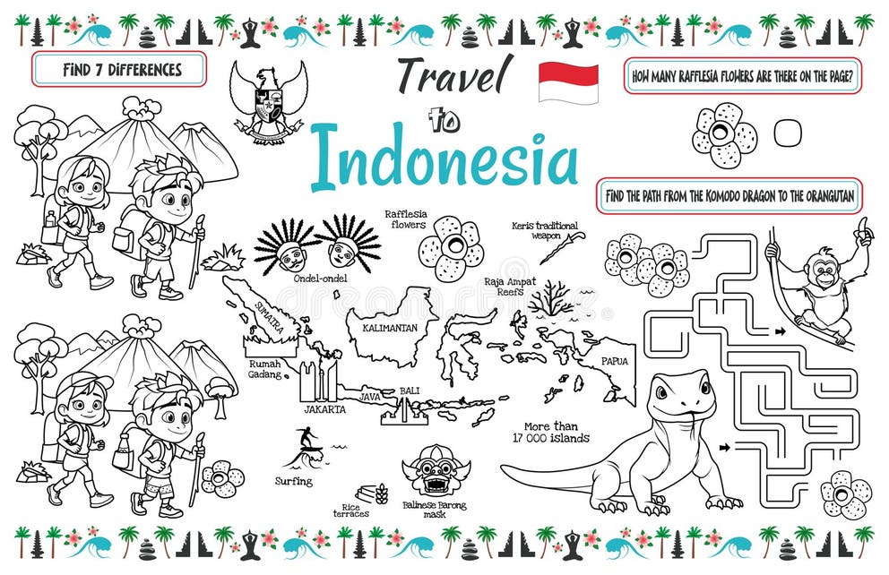 Printable Travel To Indonesia Activity Sheet with a Labyrinth and Find ...