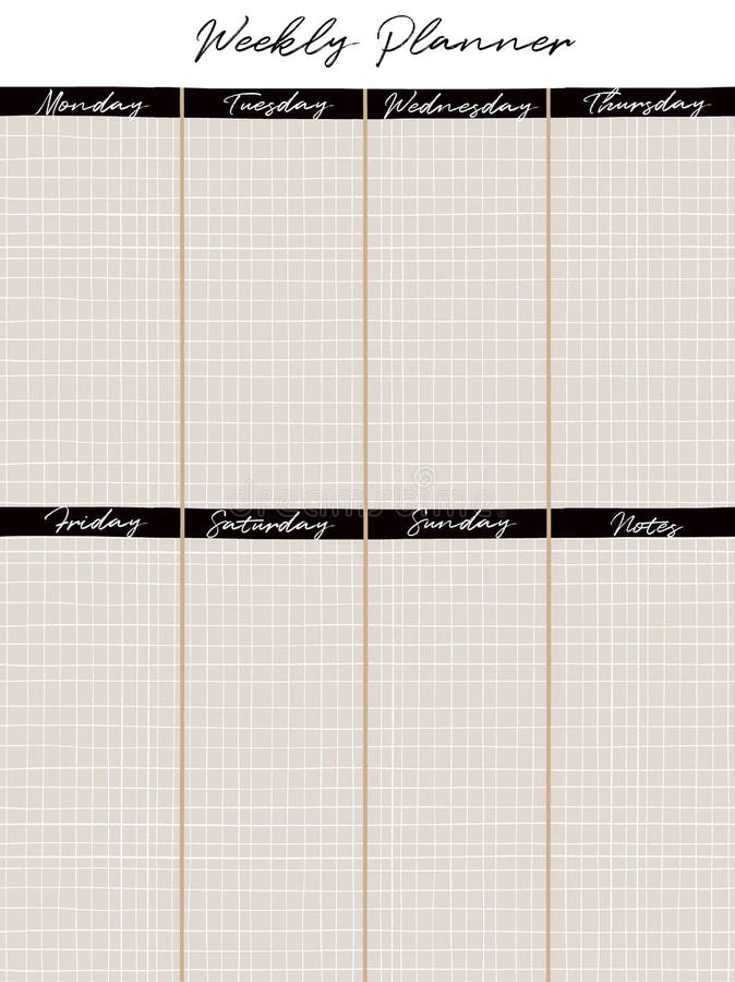Simple Weekly Planner with 8 Columns. Tiny Grid on a Beige Background ...