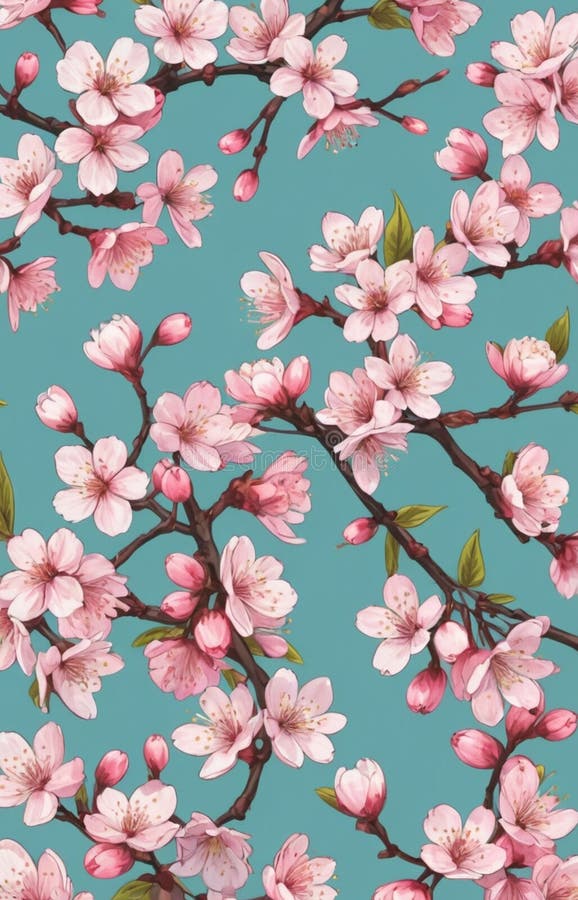 Elegant Cherry Blossoms Illustration on Turquoise Background Stock ...