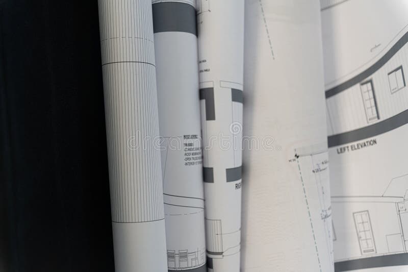 Printed Blueprints Plans in Plotter Printer Basket Stock Image - Image ...