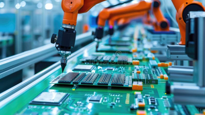 Printed Circuit Board Assembly Process. Conveyor with Robotic Arms in ...