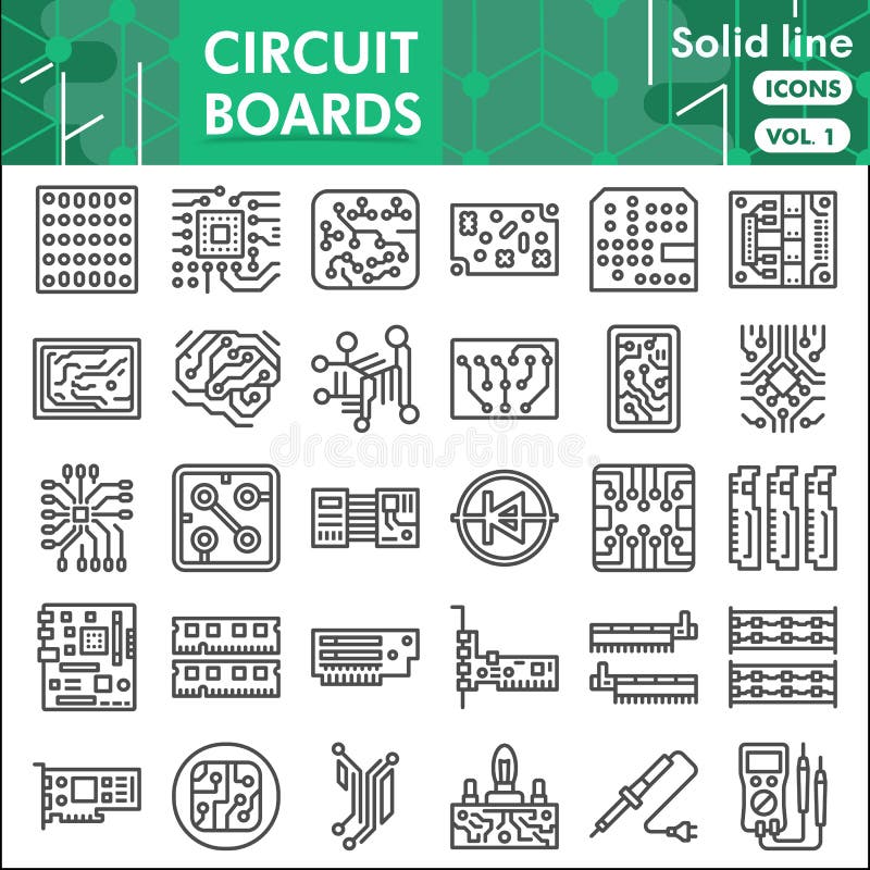 Printed Circuit Board Line Icon Set, Micro Chip Symbols Collection or ...