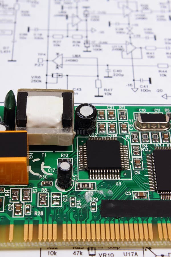 Printed Circuit Board Lying on Diagram of Electronics, Technology Stock ...