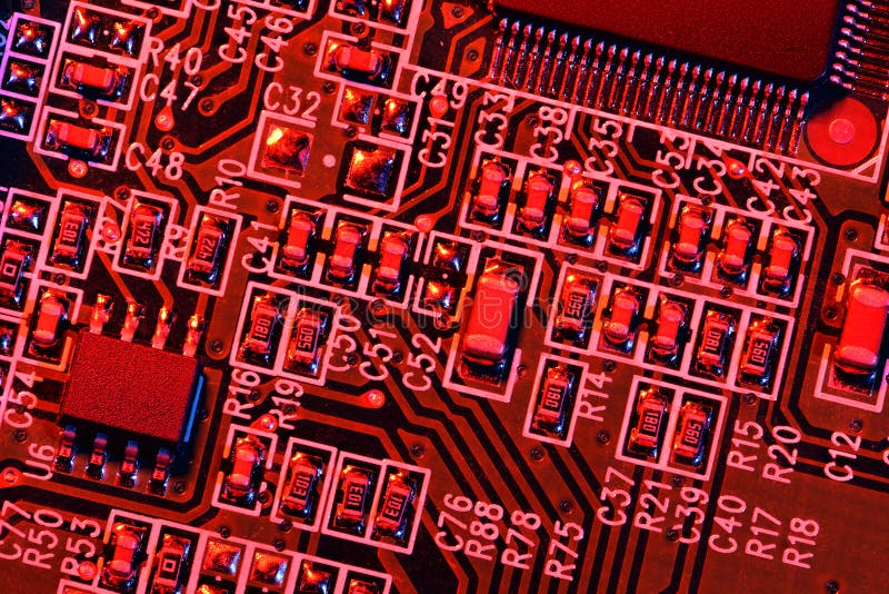 Printed Circuit Board and Microchip, or Cpu, in Red Light Closeup ...