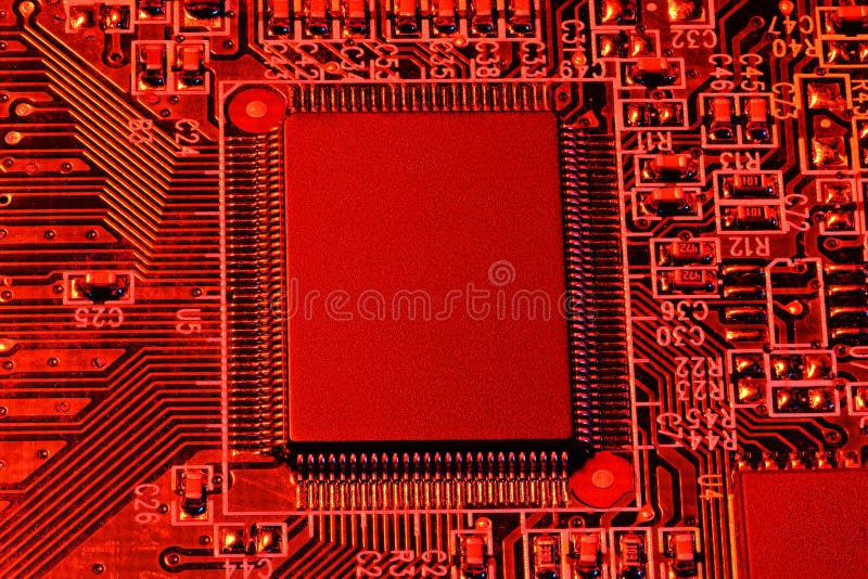 Printed Circuit Board and Microchip, or Cpu, in Red Light Closeup ...