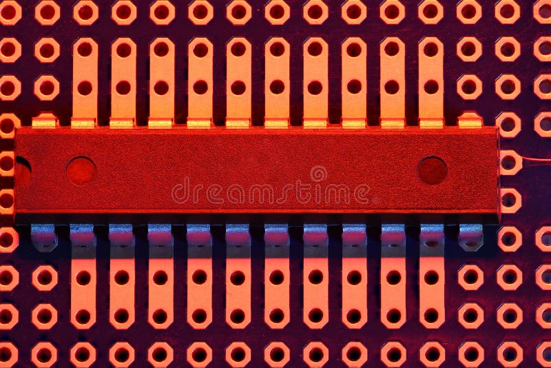 Printed Circuit Board and Microchip in Red Light Closeup - Electronic ...