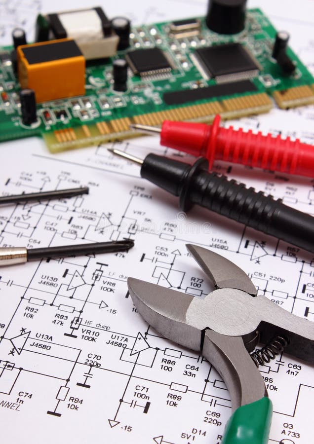 Printed Circuit Board. Precision Tools and Cable of Multimeter on ...