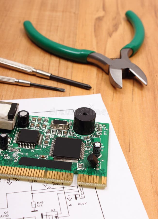 Printed Circuit Board. Precision Tools and Diagram of Electronics ...