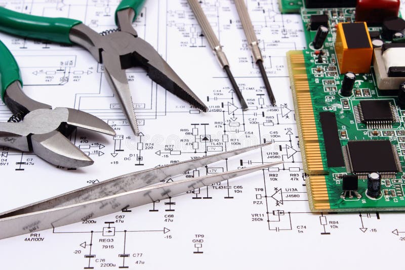 Printed Circuit Board and Precision Tools on Diagram of Electronics ...