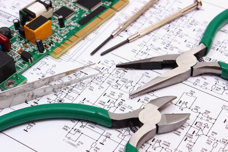 Printed Circuit Board and Precision Tools on Diagram of Electronics ...