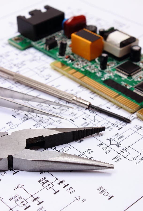 Printed Circuit Board and Precision Tools on Diagram of Electronics ...