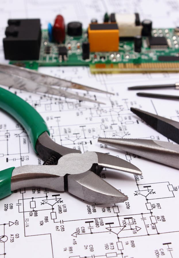 Printed Circuit Board and Precision Tools on Diagram of Electronics ...
