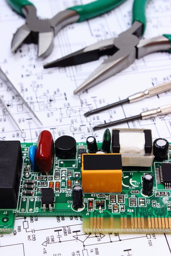 Printed Circuit Board and Precision Tools on Diagram of Electronics ...