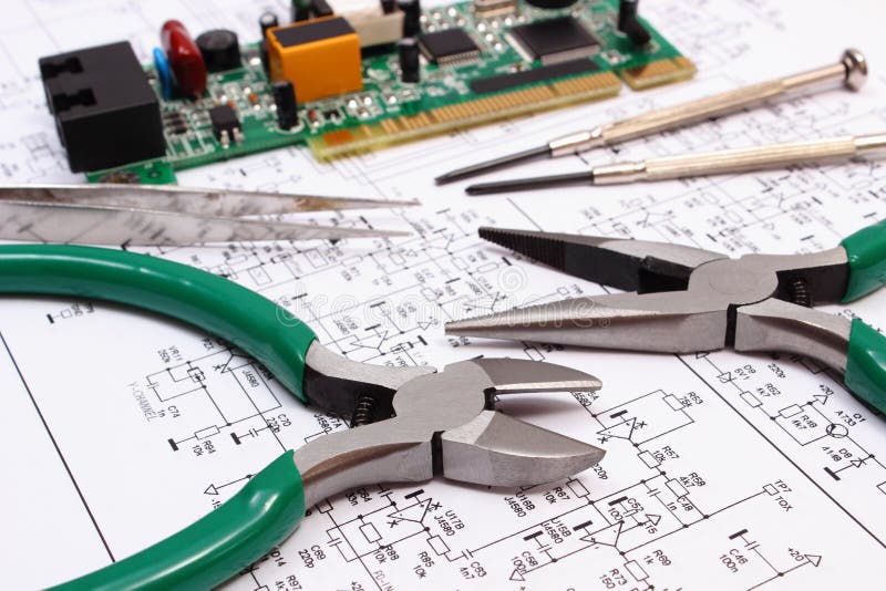 Printed Circuit Board and Precision Tools on Diagram of Electronics ...