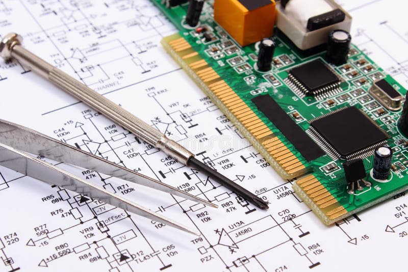 Printed Circuit Board and Precision Tools on Diagram of Electronics ...