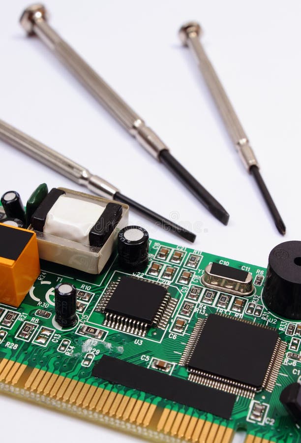Printed Circuit Board and Precision Tools on White Background ...