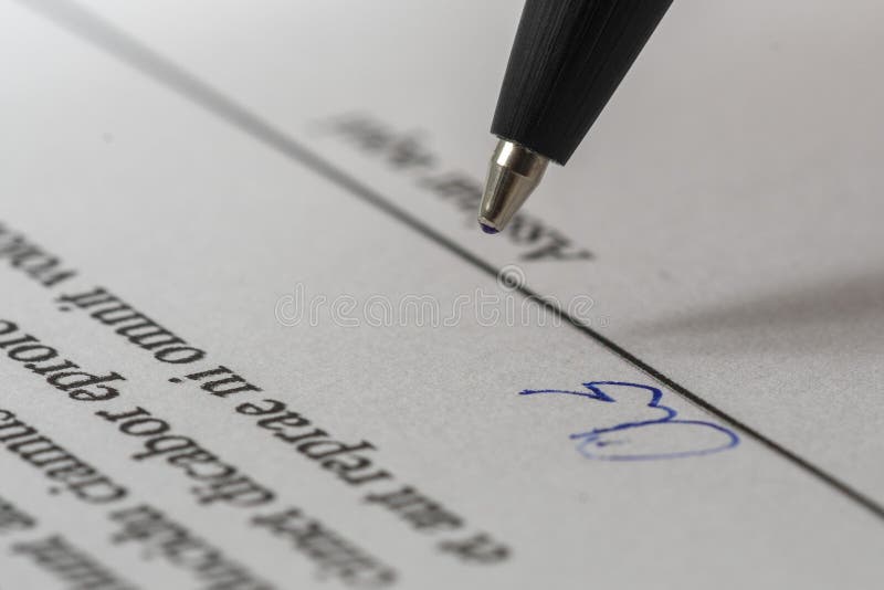 Printed Document Signature Showing a Hand and Ballpoint Pen. Stock ...