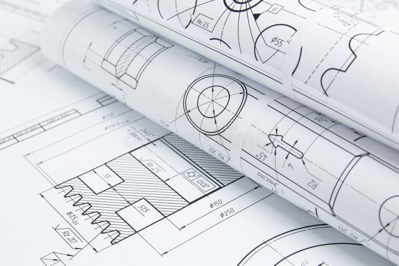 Printed Engineering Drawings of Industrial Parts and Mechanisms Stock ...