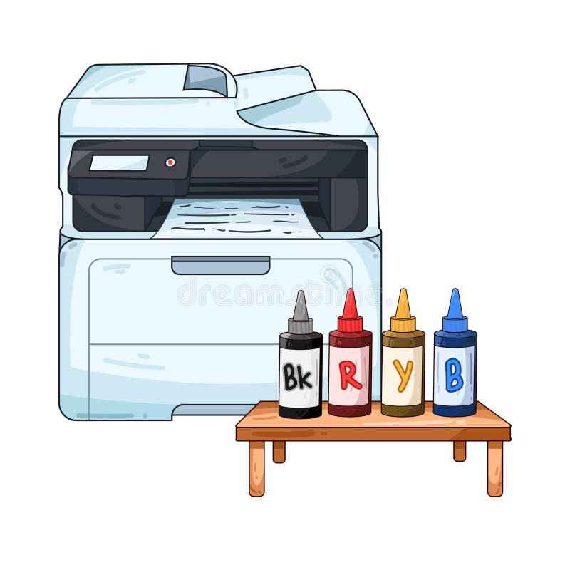 A Printer is Displayed Alongside Several Colorful Ink Bottles Stock ...