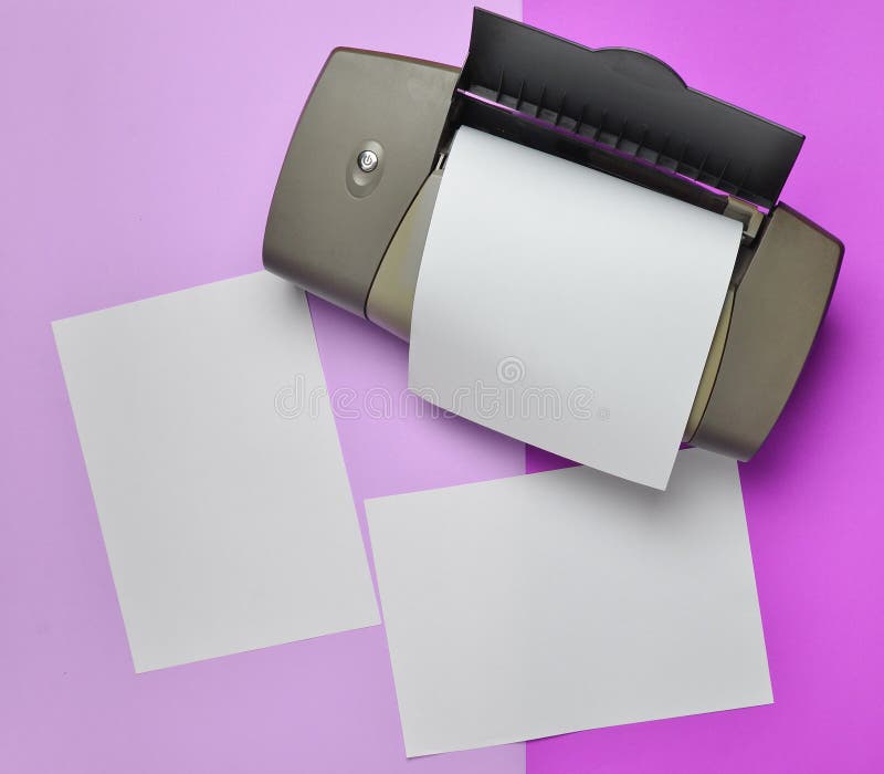 A Printer with Blank Paper Forms on a Colored Pastel Background Stock ...