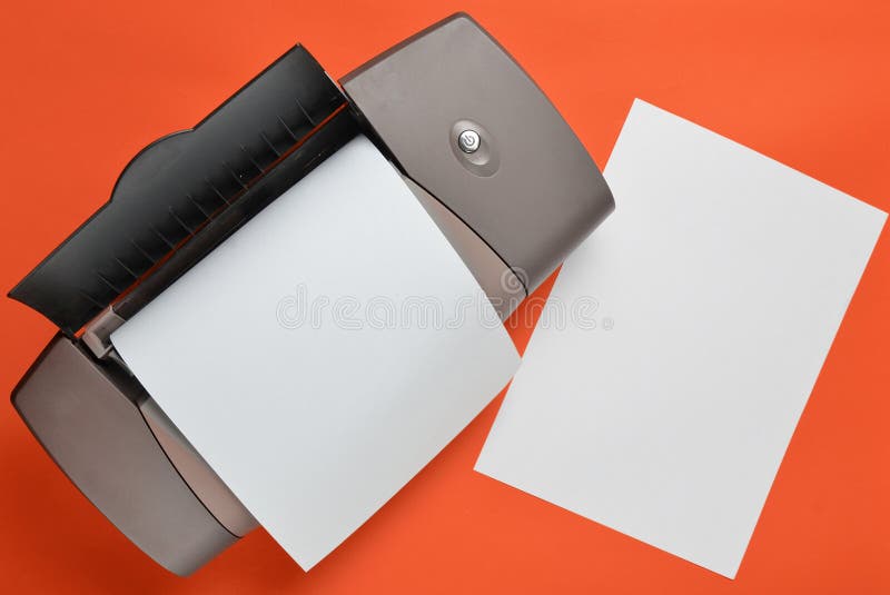 A Printer with Blank Paper Forms on a Yellow Background. Stock Photo ...